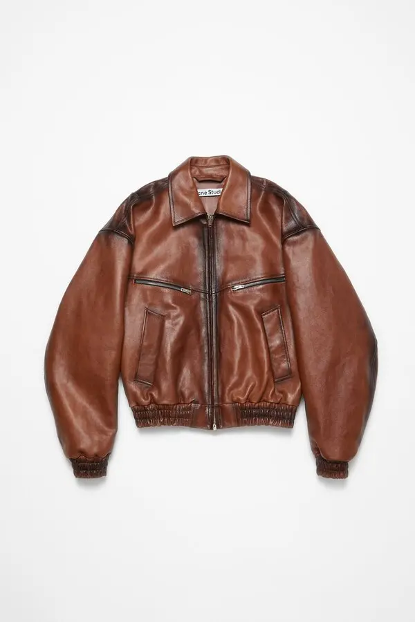 Acne Studios Leather Bomber Jacket - Cognac Brown | Editorialist